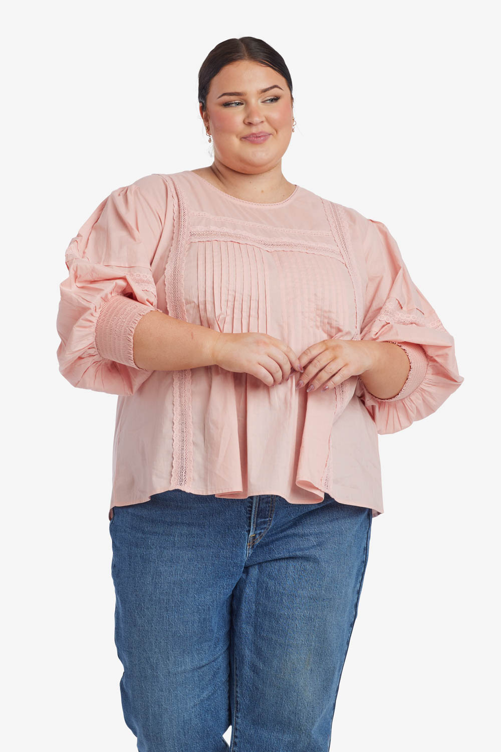 Pink Puff Sleeve Blouse with V-Neck | Sweet Salt Clothing